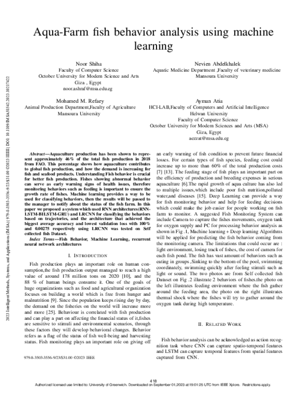 (PDF) Aqua-Farm fish behavior analysis using machine learning