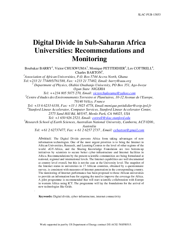(PDF) SLAC-PUB-13853 Digital Divide in Sub-Saharan Africa Universities ...