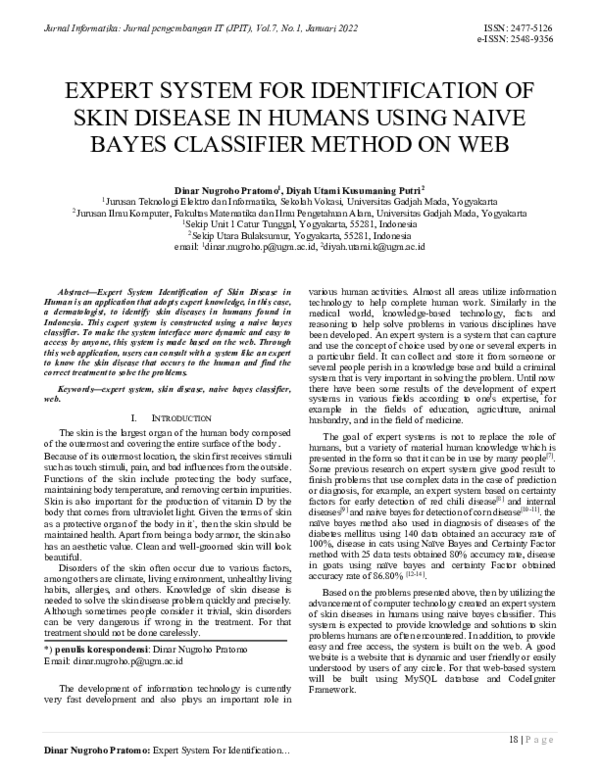 (PDF) Expert System for Identification of Skin Disease in Humans using Naive Bayes Classifier ...