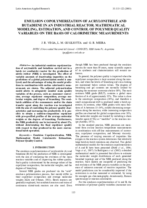 (PDF) Emulsion Copolymerization of Acrylonitrile and Butadiene in an ...