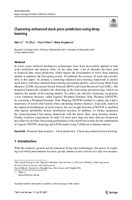 (PDF) Clustering-enhanced stock price prediction using deep learning