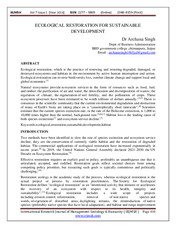 (PDF) ECOLOGICAL RESTORATION FOR SUSTAINABLE DEVELOPMENT