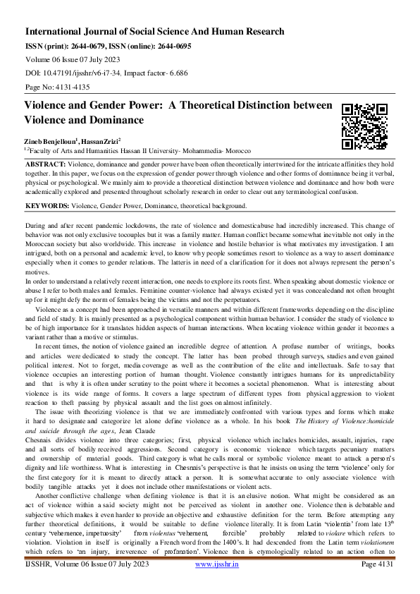 (PDF) Violence and Gender Power: A Theoretical Distinction between Violence and Dominance