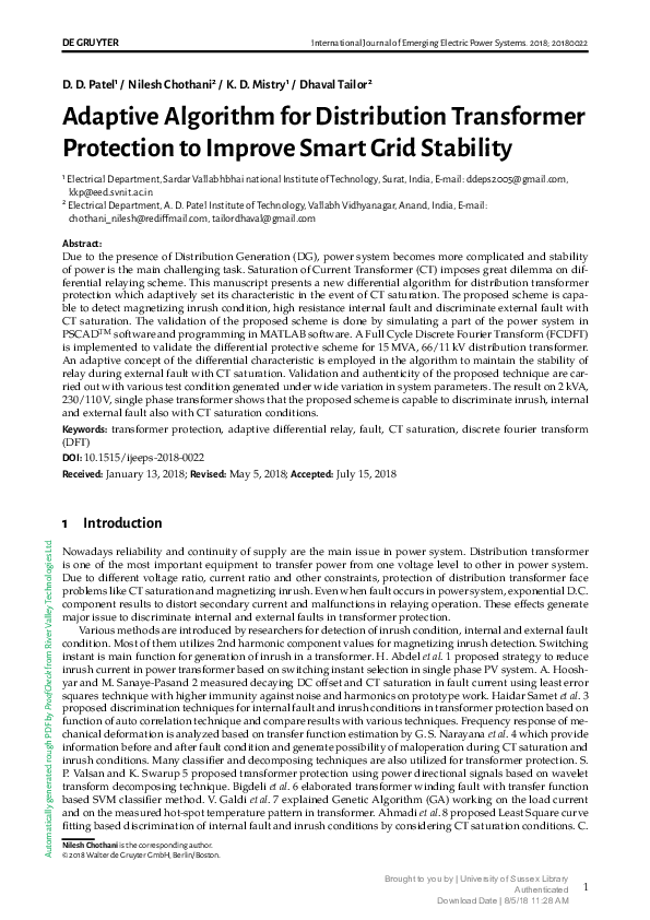 (PDF) Adaptive Algorithm for Distribution Transformer Protection to Improve Smart Grid Stability