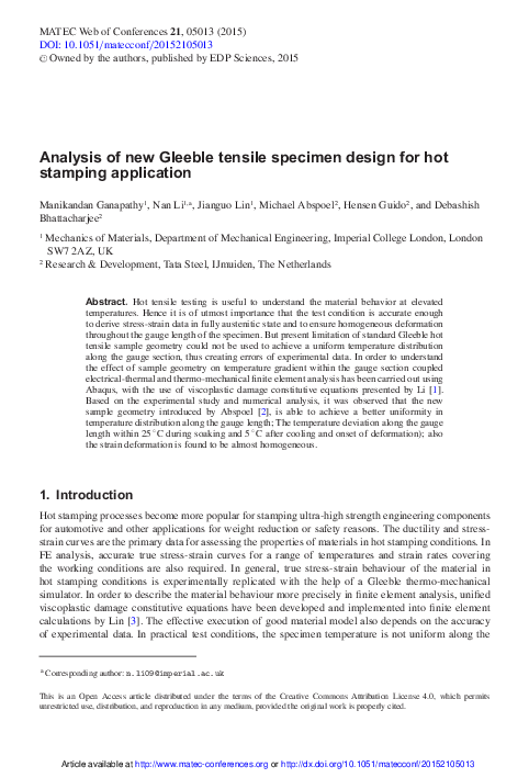 (PDF) Analysis of new Gleeble tensile specimen design for hot stamping ...
