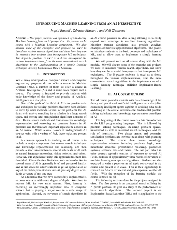 (PDF) Introducing Machine Learning from an Ai Perspective