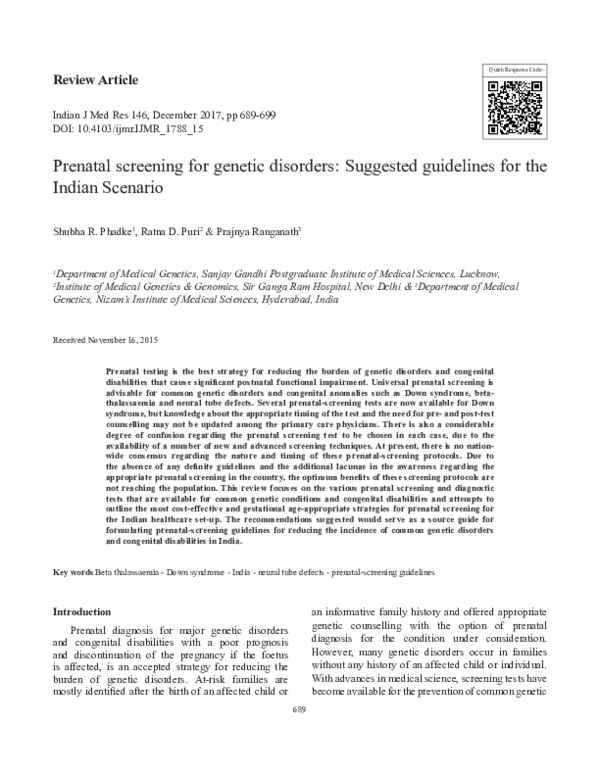 (PDF) Prenatal screening for genetic disorders: Suggested guidelines ...