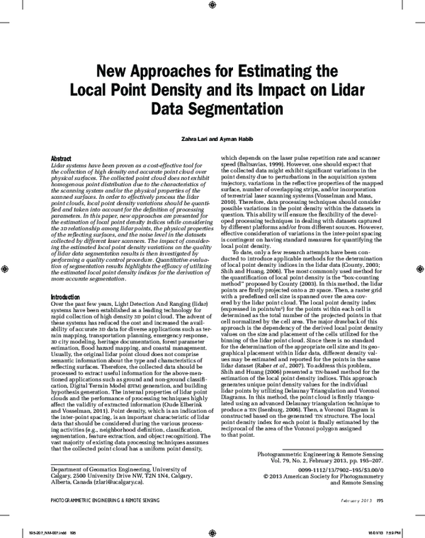 Pdf New Approaches For Estimating The Local Point Density And Its Impact On Lidar Data 