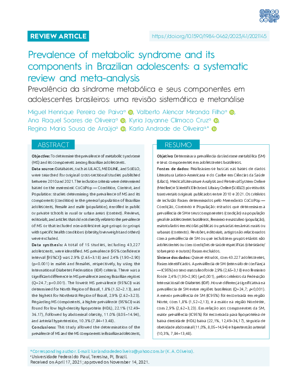 Pdf Prevalence Of Metabolic Syndrome And Its Components In Brazilian