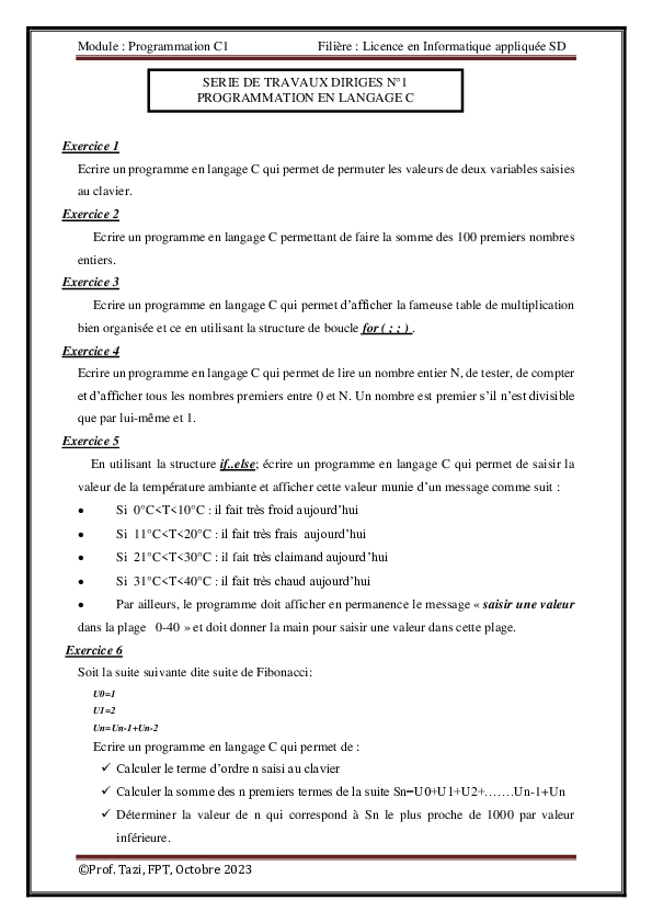(PDF) TD1 PROGRAMMATION C | El Bachir Tazi - Academia.edu