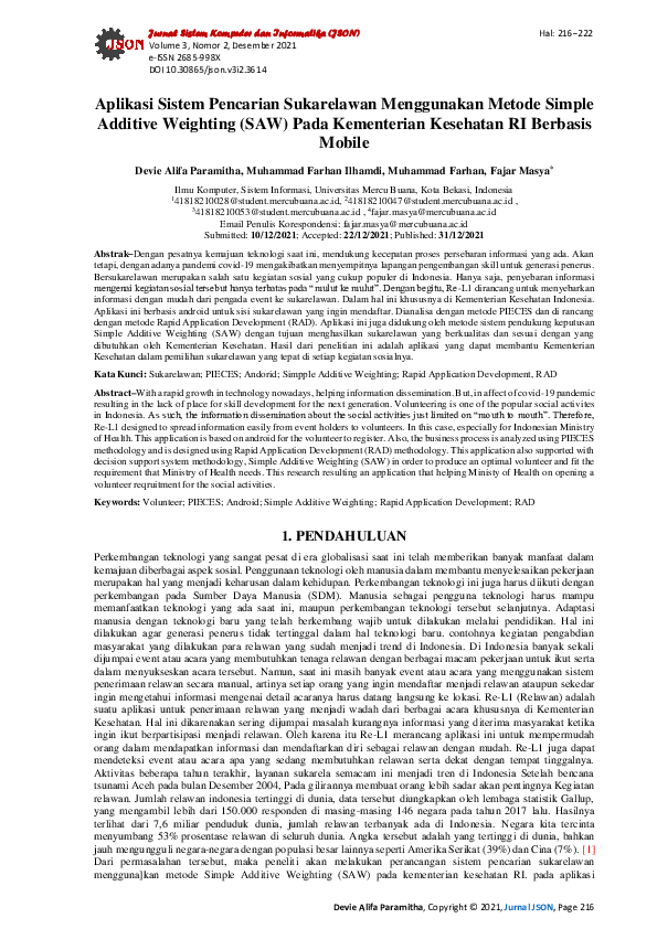 (PDF) Aplikasi Sistem Pencarian Sukarelawan Menggunakan Metode Simple Additive Weighting (SAW ...
