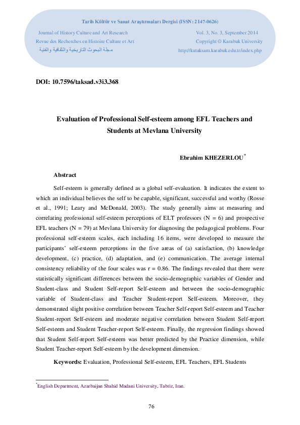 (PDF) Evaluation of Professional Self-esteem among EFL Teachers and Students at Mevlana ...