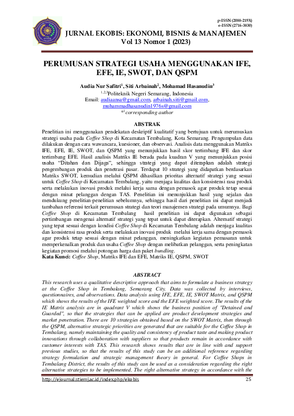 (PDF) Perumusan Strategi Usaha Menggunakan Ife, Efe, Ie, Swot, Dan QSPM