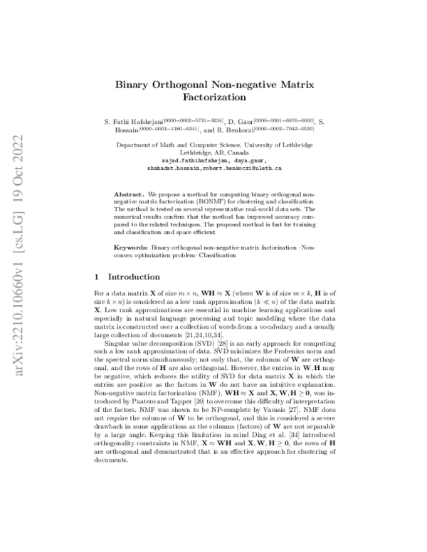 (PDF) Binary Orthogonal Non-negative Matrix Factorization | Sajad Fathi-Hafshejani - Academia.edu