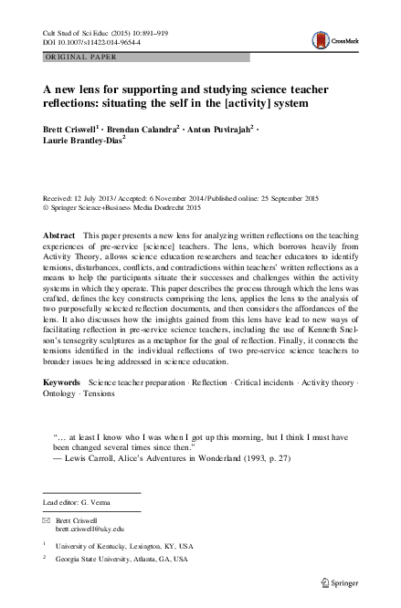 (PDF) A new lens for supporting and studying science teacher reflections: situating the self in ...