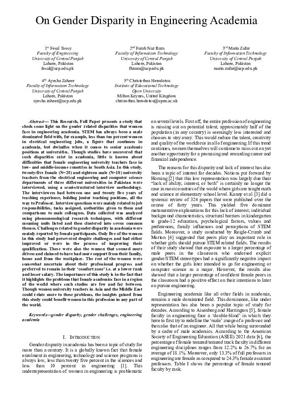 (PDF) On Gender Disparity in Engineering Academia