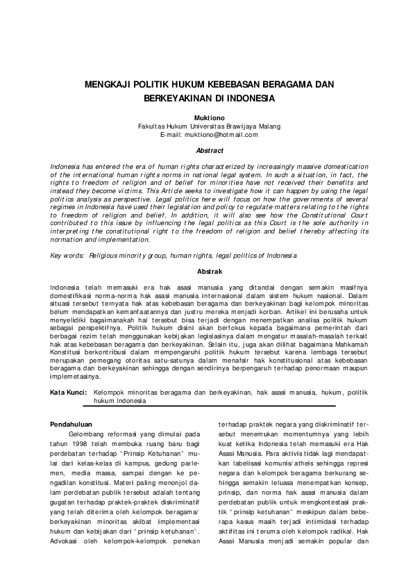 (PDF) Mengkaji Politik Hukum Kebebasan Beragama Dan Berkeyakinan DI ...
