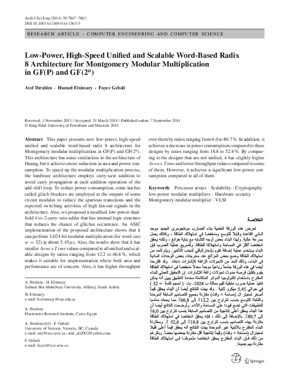 Pdf Low Power High Speed Unified And Scalable Word Based Radix 8 Architecture For Montgomery