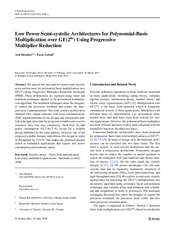 Pdf Low Power Semi Systolic Architectures For Polynomial Basis Multiplication Over Gf 2 M