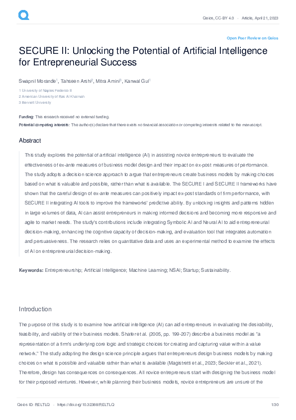 (PDF) SECURE II: Unlocking the Potential of Artificial Intelligence for Entrepreneurial Success