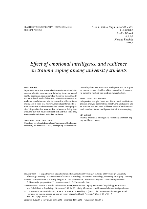 (PDF) Effect of emotional intelligence and resilience on trauma coping ...