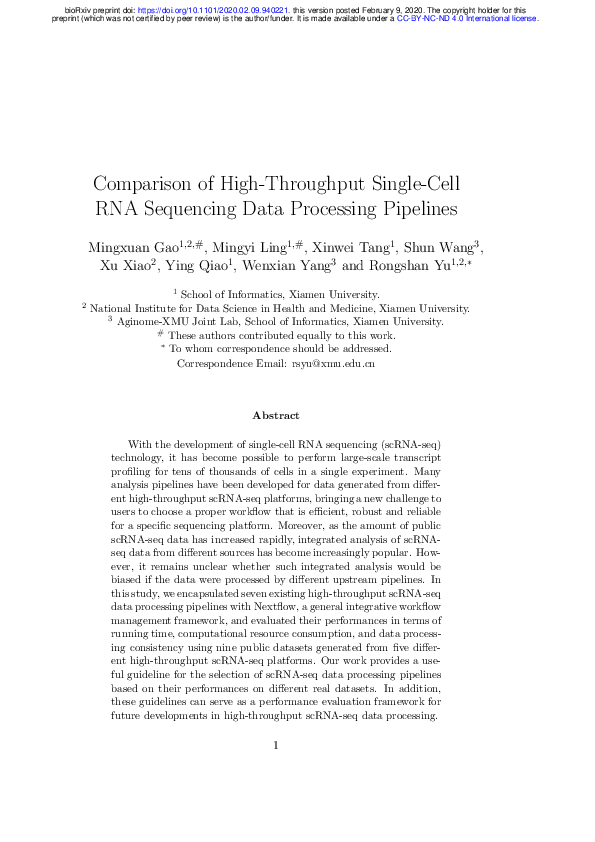 (PDF) Comparison of High-Throughput Single-Cell RNA Sequencing Data Processing Pipelines