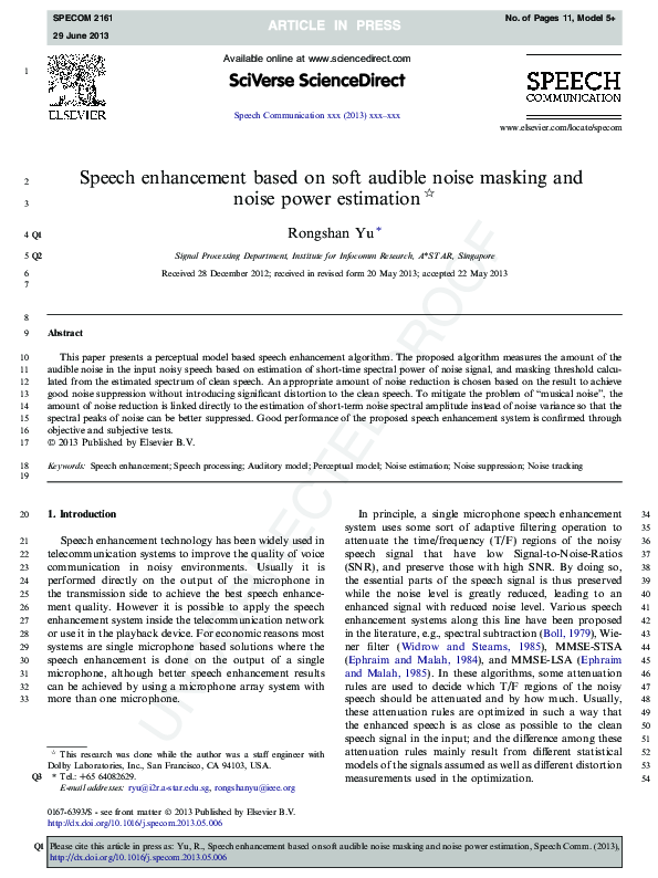 Pdf Speech Enhancement Based On Soft Audible Noise Masking And Noise Power Estimation