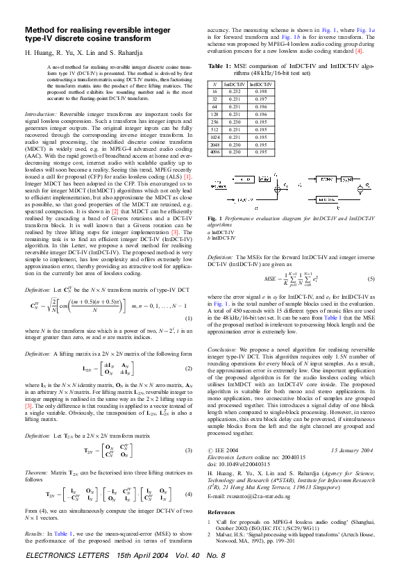 Pdf Method For Realising Reversible Integer Type Iv Discrete Cosine 9824