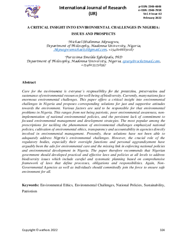 (PDF) ACritical Insight into Environmental Challenges in Nigeria ...