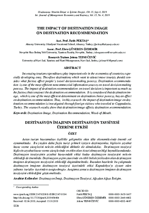 (PDF) The Impact of Destination Image on Destination Recommendation