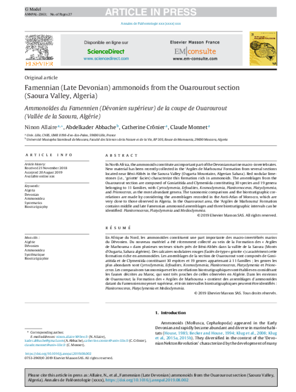 (PDF) Famennian (Late Devonian) ammonoids from the Ouarourout section ...