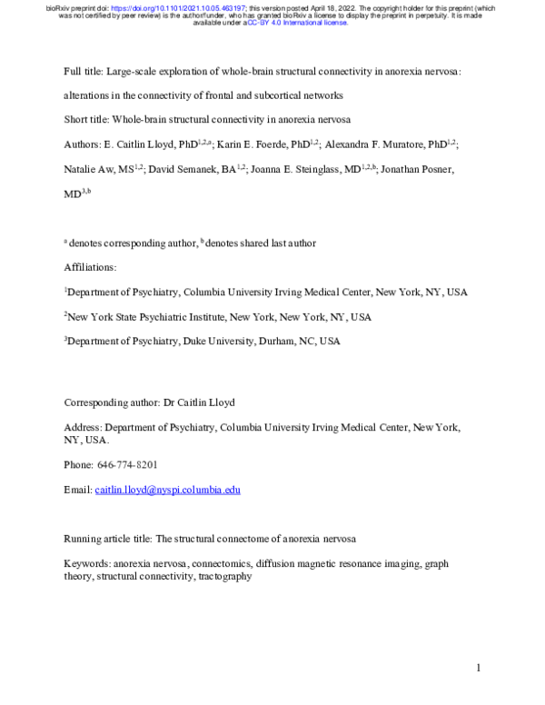 Pdf Large Scale Exploration Of Whole Brain Structural Connectivity In Anorexia Nervosa