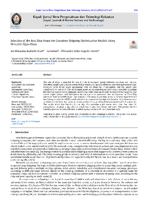 Pdf Selection Of The Best Ship Route For Container Shipping Optimization Models Using