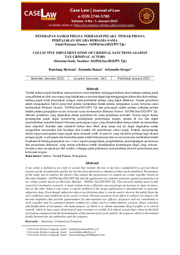 (PDF) Penerapan Sanksi Pidana Terhadap Pelaku Tindak Pidana Perpajakan Secara Bersama-sama ...