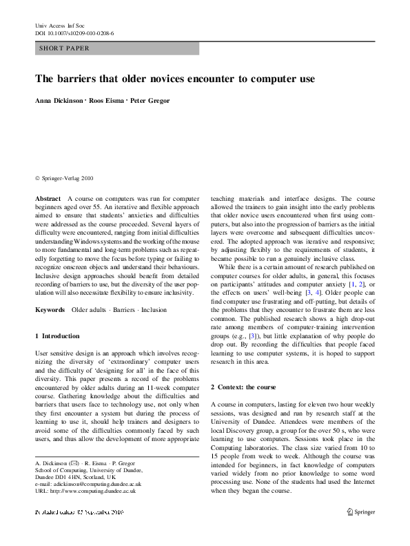(PDF) The barriers that older novices encounter to computer use