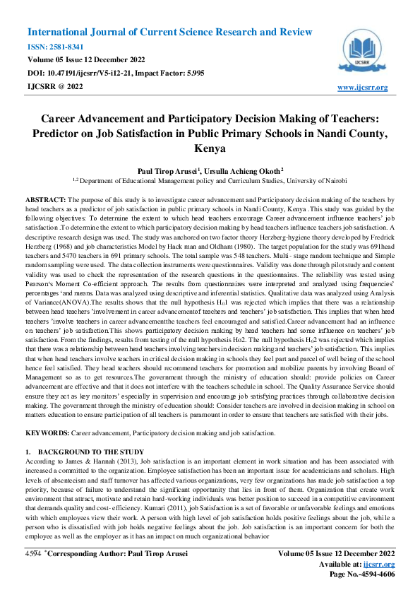 (PDF) Career Advancement and Participatory Decision Making of Teachers: Predictor on Job ...