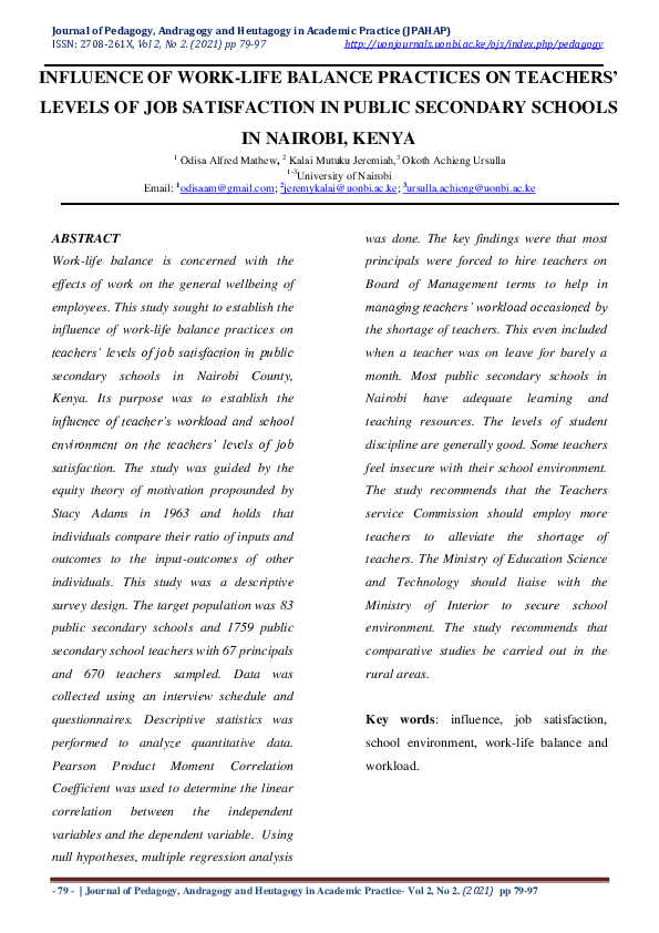 (PDF) Influence of Work-Life Balance Practices on Teachers’ Levels of Job Satisfaction in Public ...