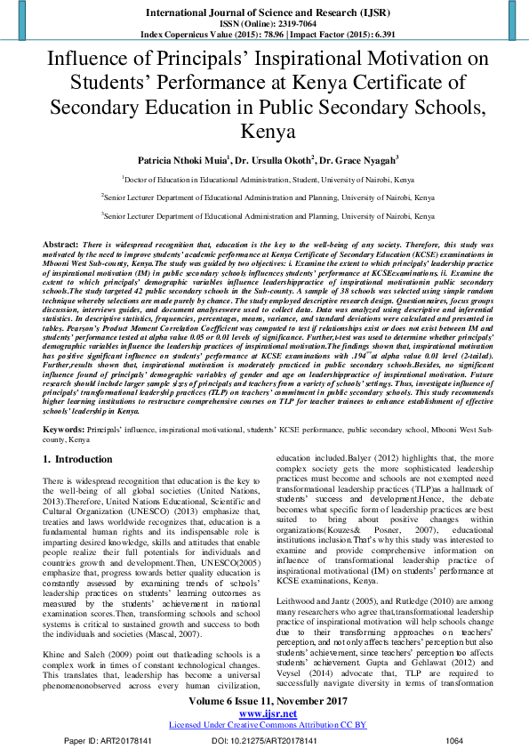 (PDF) Influence of Principals’ Inspirational motivation on Students ...