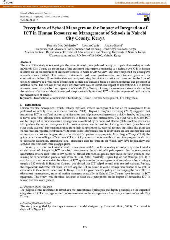 (PDF) Perceptions Of School Managers On The Impact Of Integration Of ...