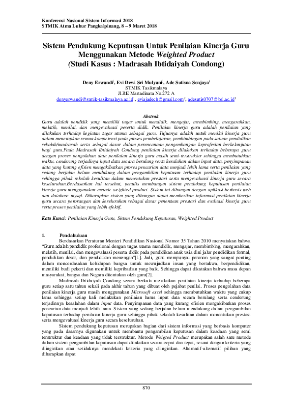 (PDF) Sistem Pendukung Keputusan Untuk Penilaian Kinerja Guru Menggunakan Metode Weighted ...