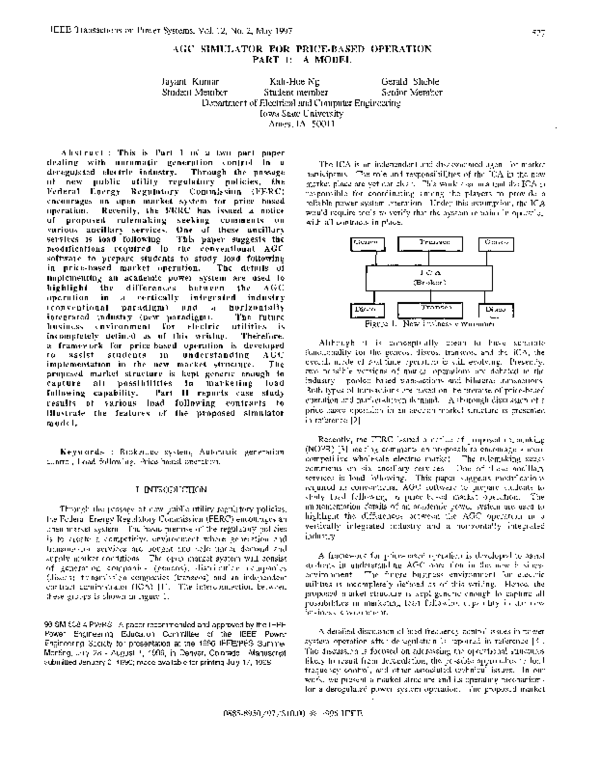 (PDF) AGC simulator for price-based operation. I. A model