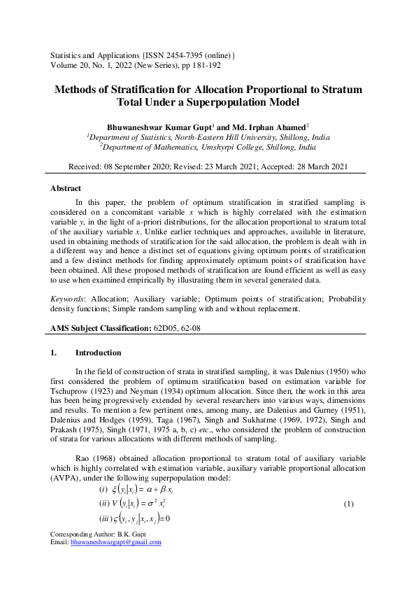 (PDF) Methods of Stratification for Allocation Proportional to Stratum Total Under a ...