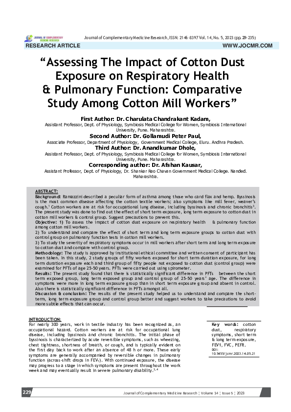 (PDF) "Assessing The Impact of Cotton Dust Exposure on Respiratory ...