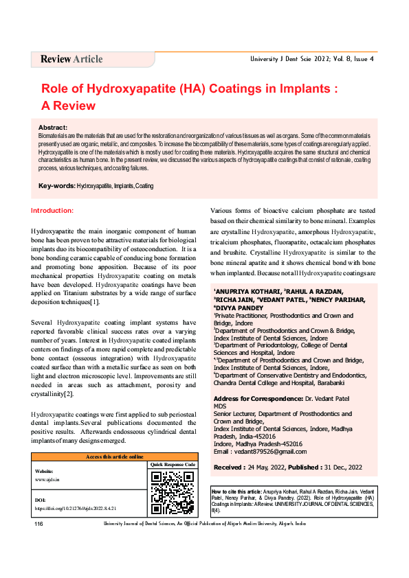 (PDF) Role of Hydroxyapatite (HA) Coatings in Implants : A Review