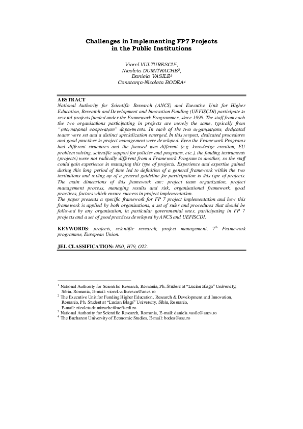 (PDF) Challenges in Implementing FP7 Projects in the Public Institutions