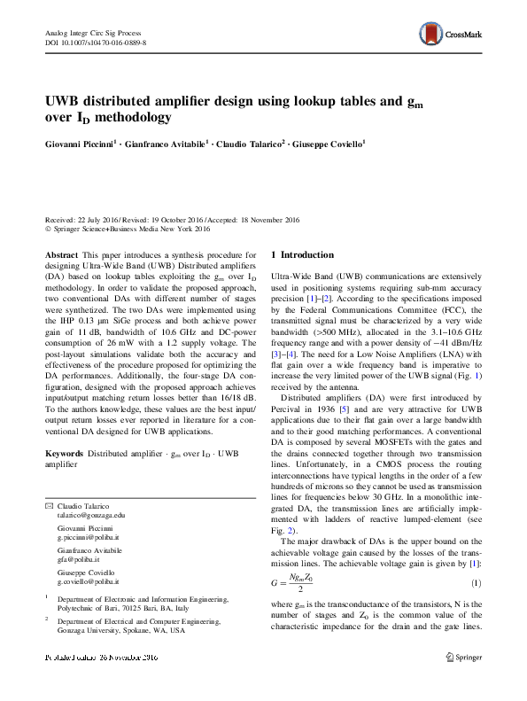(PDF) UWB distributed amplifier design using lookup tables and gm over ...