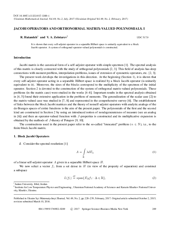 (PDF) Jacobi Operators and Orthonormal Matrix-Valued Polynomials. II