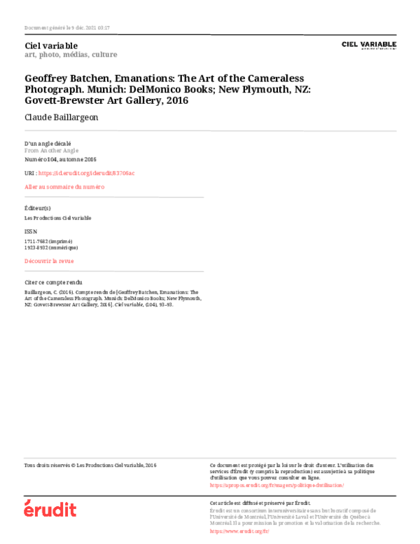 (PDF) Geoffrey Batchen, Emanations: The Art of the Cameraless Photograph. Munich: DelMonico ...