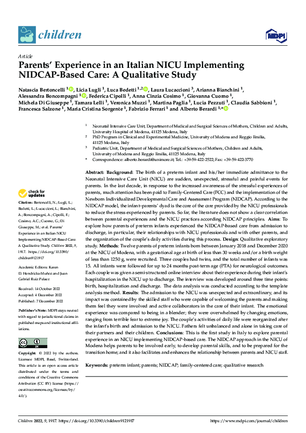 (PDF) Parents’ Experience in an Italian NICU Implementing NIDCAP-Based ...