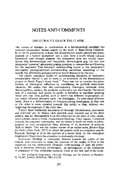 (PDF) David Tracy's Idea of the Classic